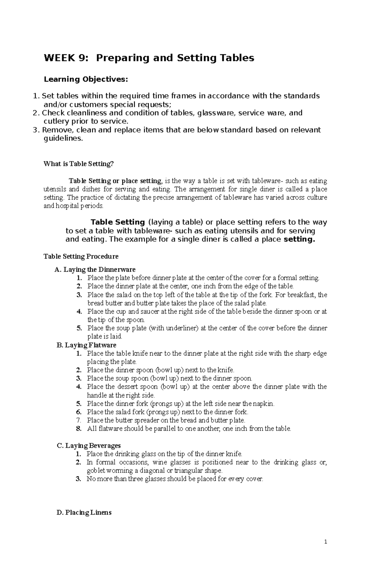 WEEK 9 FFSO Lecture Preparing and Setting Tables - WEEK 9: Preparing and Setting Tables Learning ...