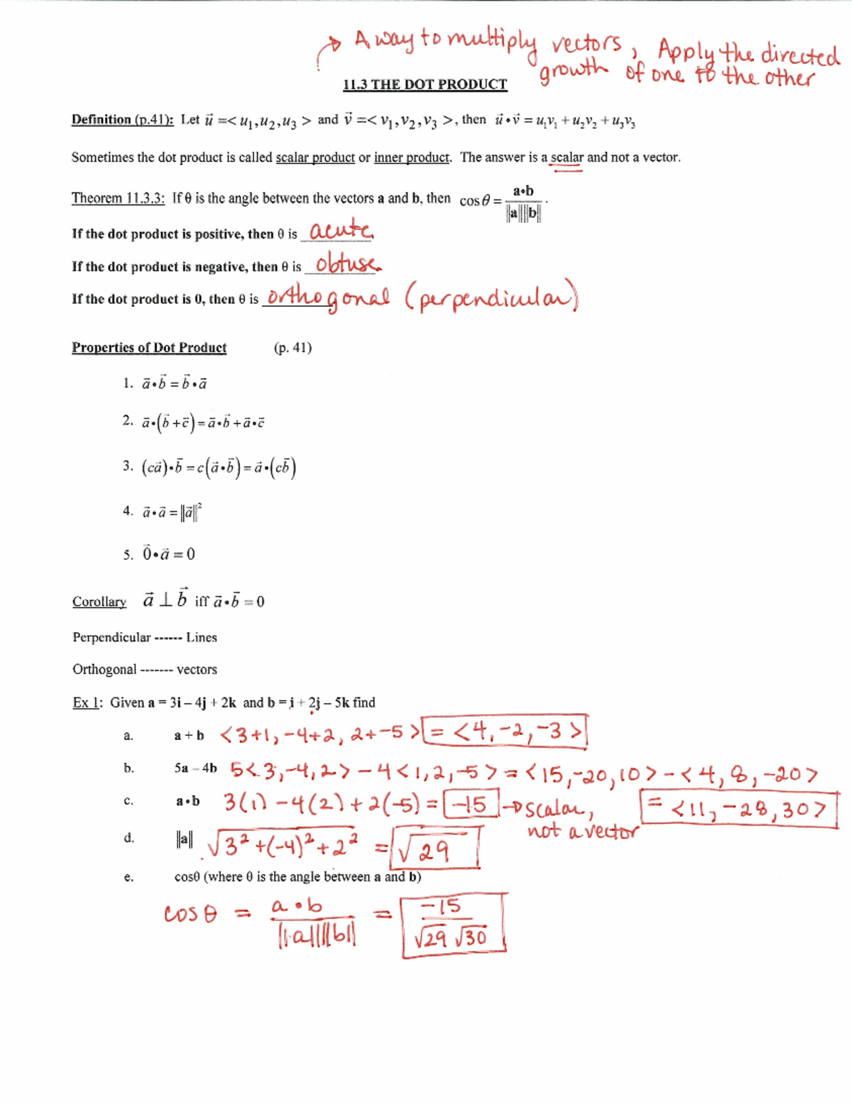 Notes Day 2 Key Dot Product - MATH 316 - Studocu