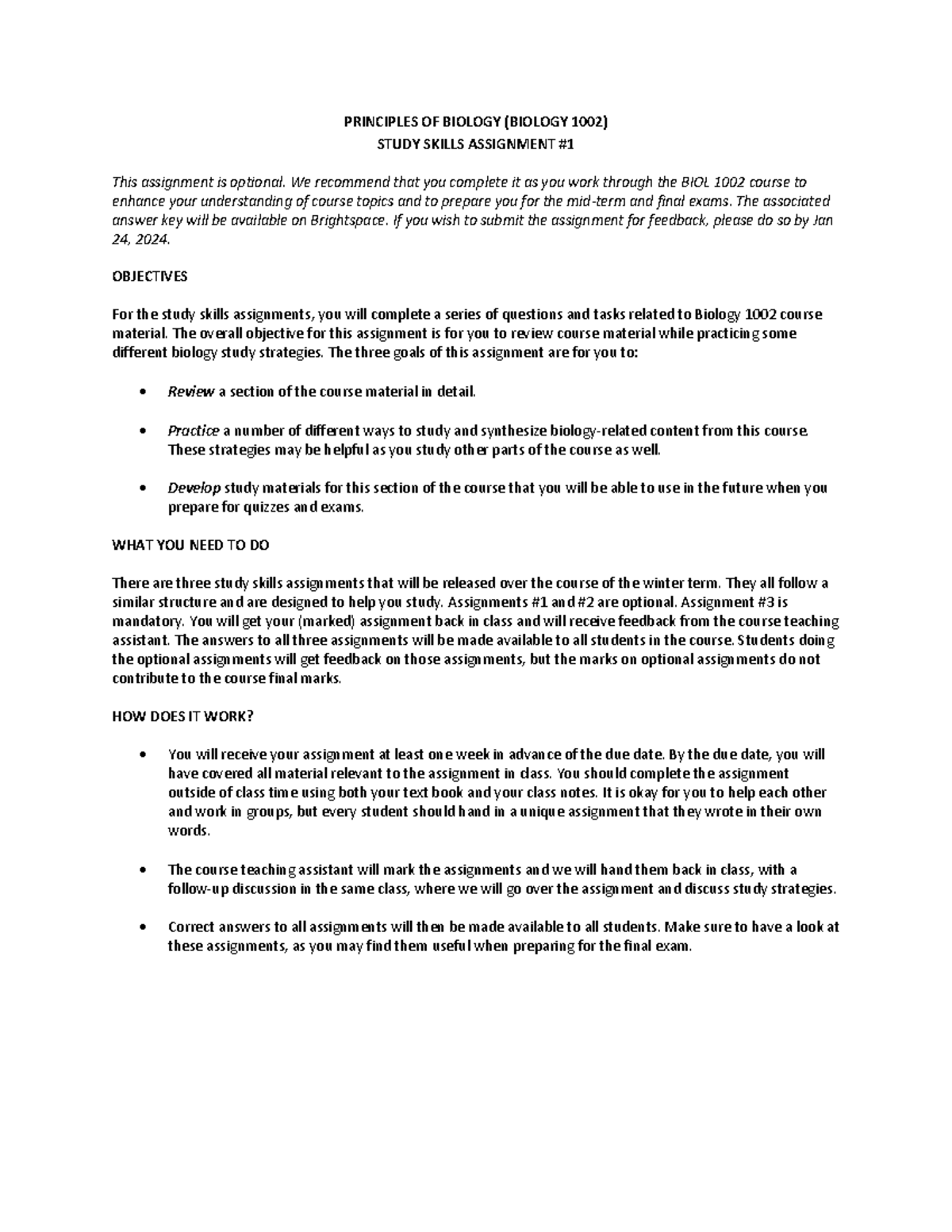 2024 Study skills assignment #1 - PRINCIPLES OF BIOLOGY (BIOLOGY 100 2 ...