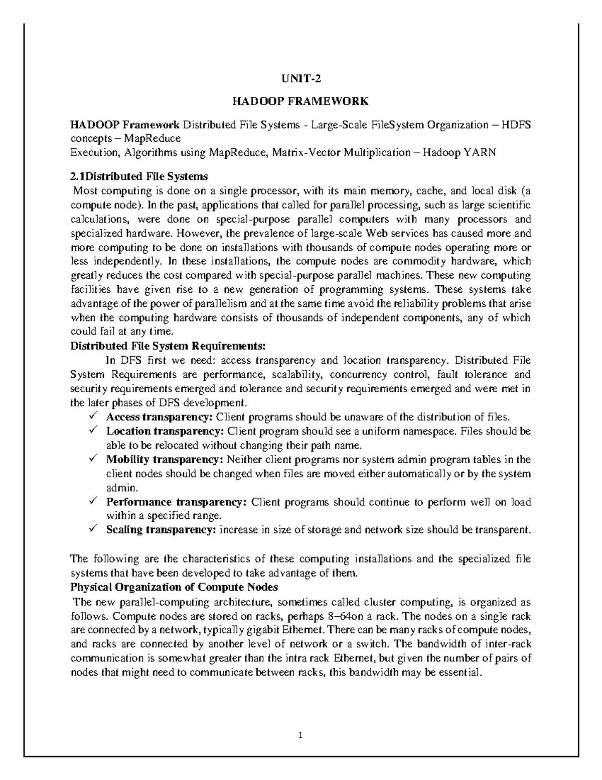 Unit 2 Hadoop Framework Unit Hadoop Framework Hadoop Framework Distributed File Systems 6517