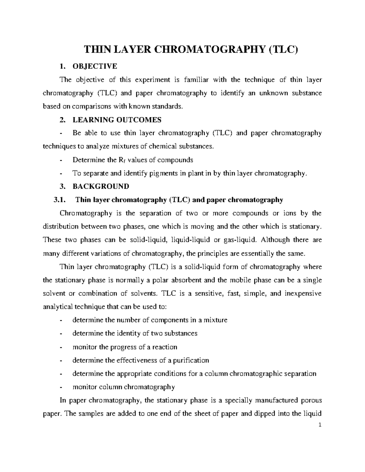 Thin layer chromatography. BPhuong - THIN LAYER CHROMATOGRAPHY (TLC) 1. OBJECTIVE The objective ...