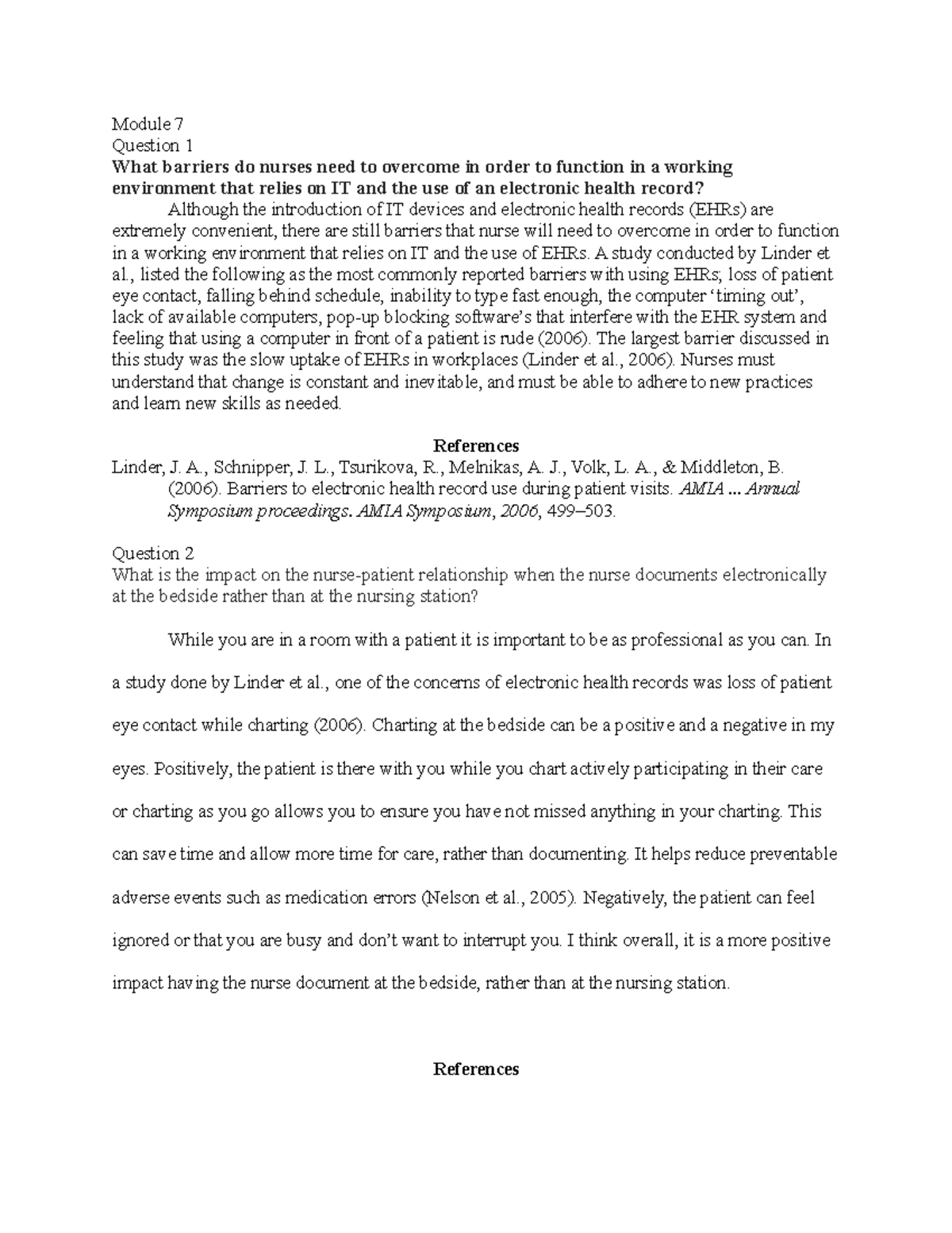 Module 7 - lecture notes - Module 7 Question 1 What barriers do nurses ...