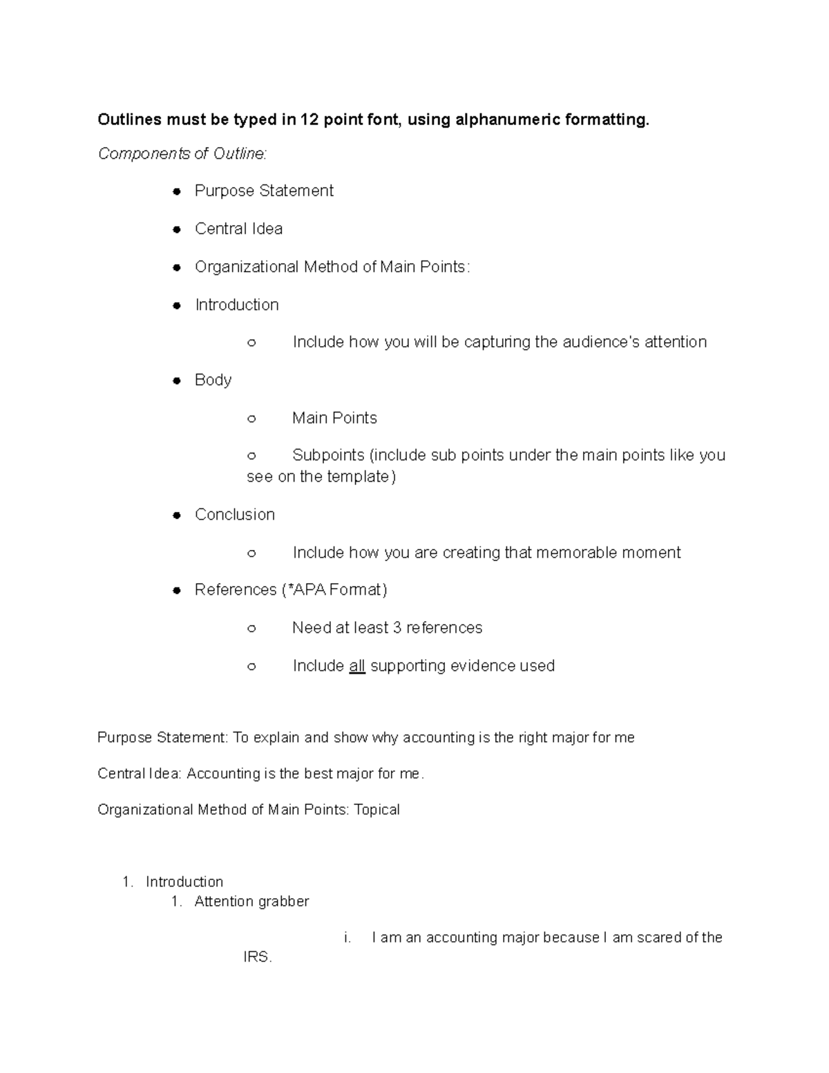 Major Choice Speech Outline - Outlines must be typed in 12 point font ...