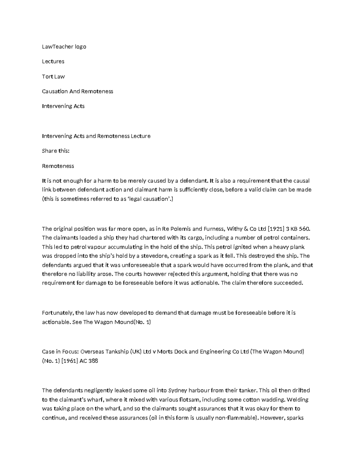 Novus Actus - LawTeacher logo Lectures Tort Law Causation And ...