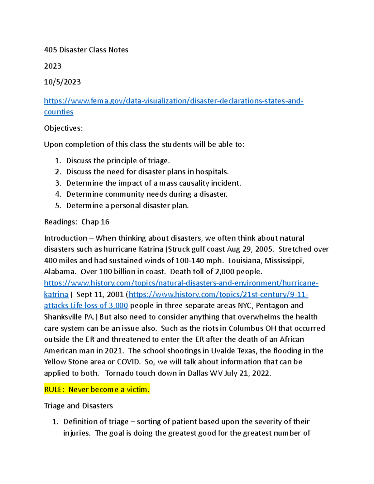 405 Disaster Class Student 2023 - 405 Disaster Class Notes 2023 10/5 ...