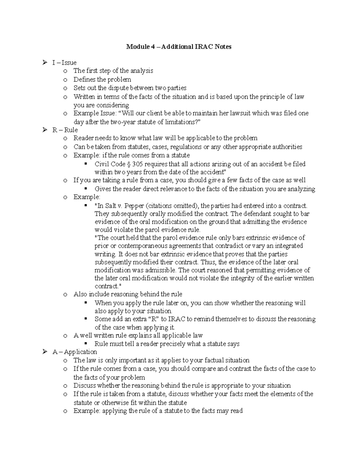 Module 4 - IRAC Additional Notes - Module 4 – Additional IRAC Notes I ...