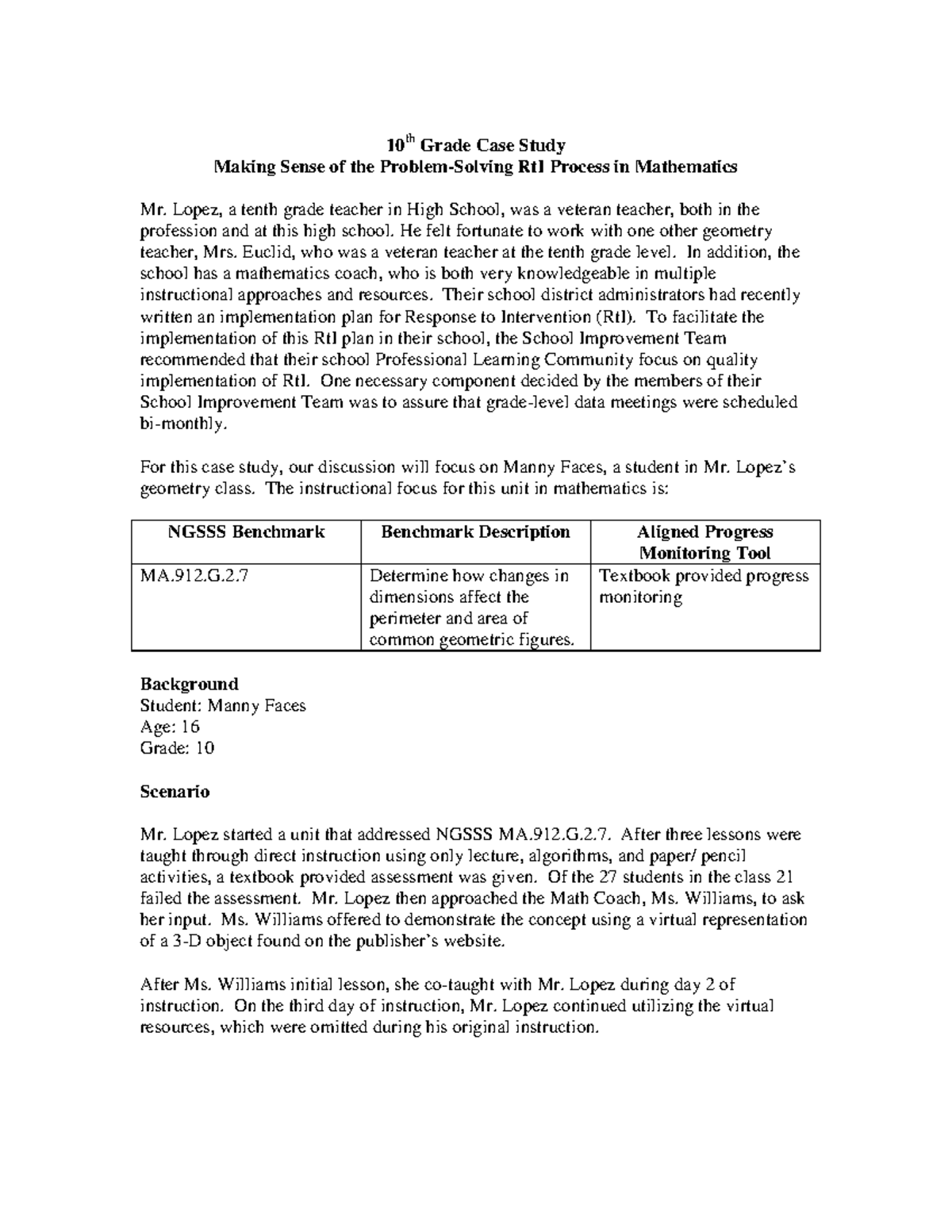 10th Grade RTI Case Study Math - 10 th Grade Case Study Making Sense of ...