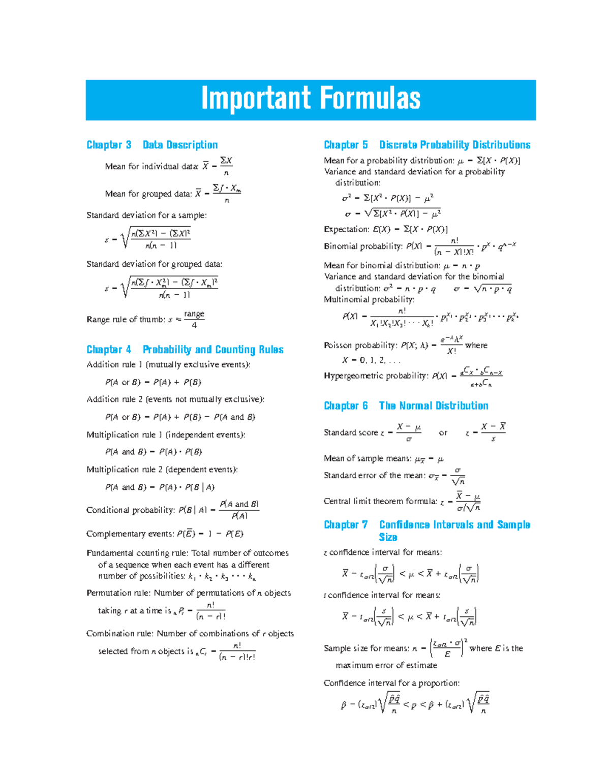 Stat Formulas - Chapter 3 Data Description Mean for individual data ...
