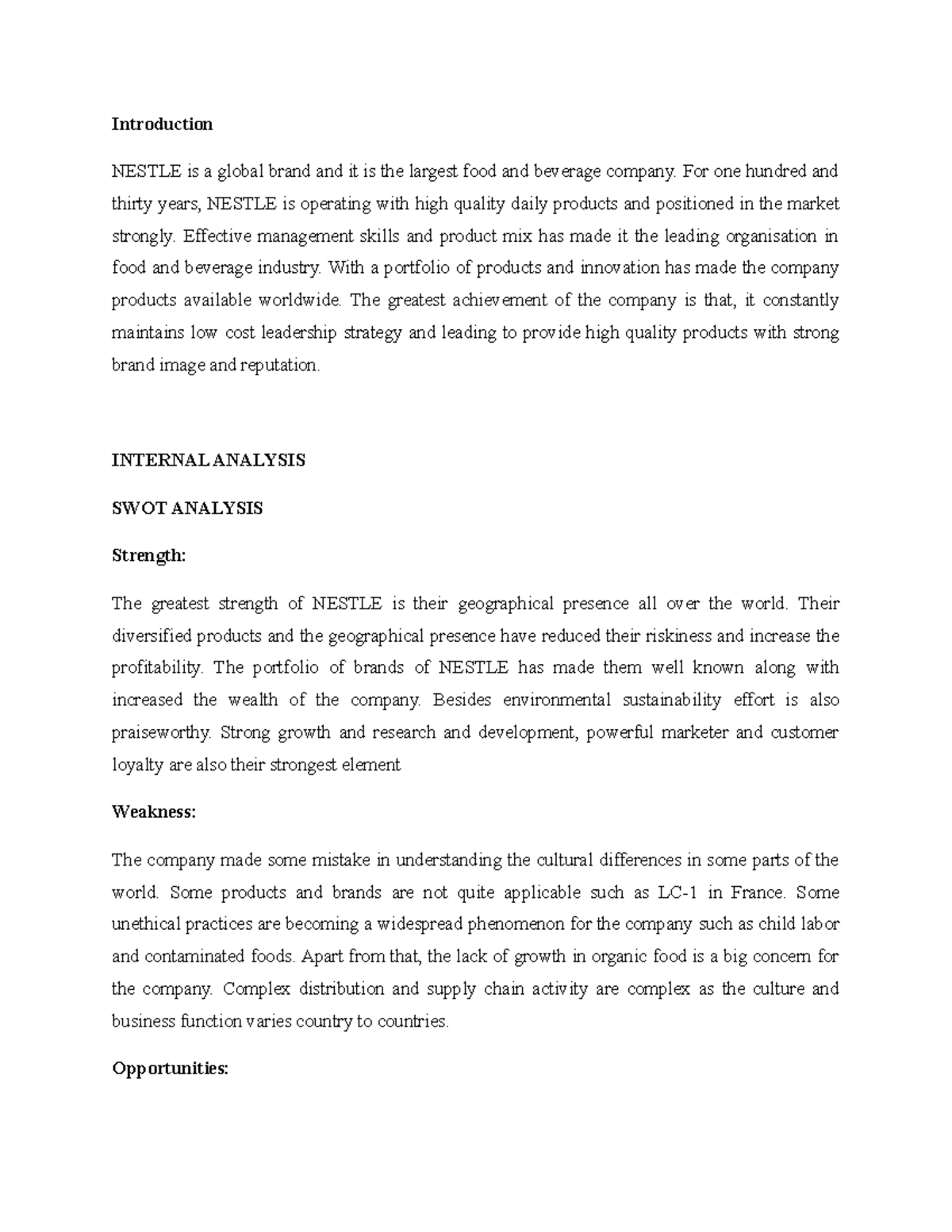 SWOT Analysis 2 - Introduction NESTLE is a global brand and it is the ...