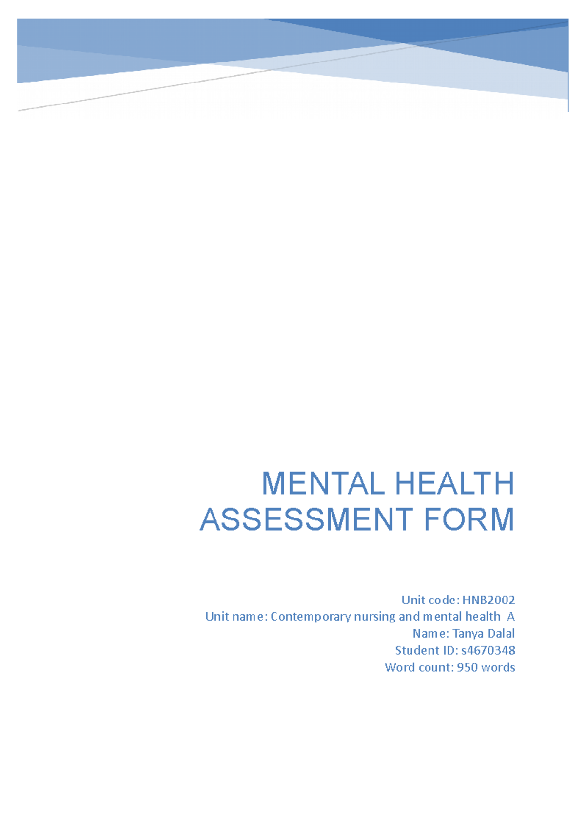 Mental Health Assessment -Tanya - Unit code: HNB Unit name ...