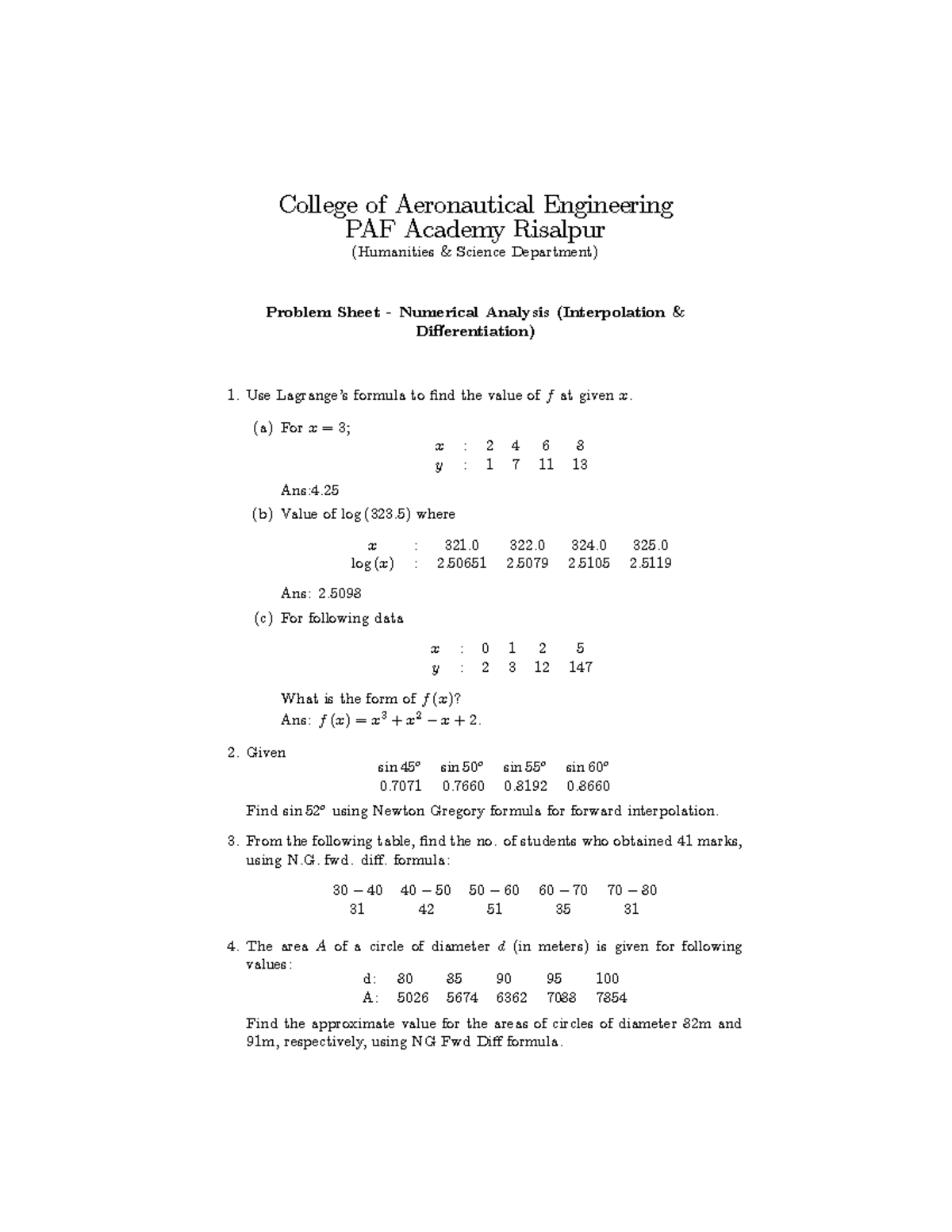 Problem Sheet 2 - Numerical Analaysis - Interpolation - College of ...
