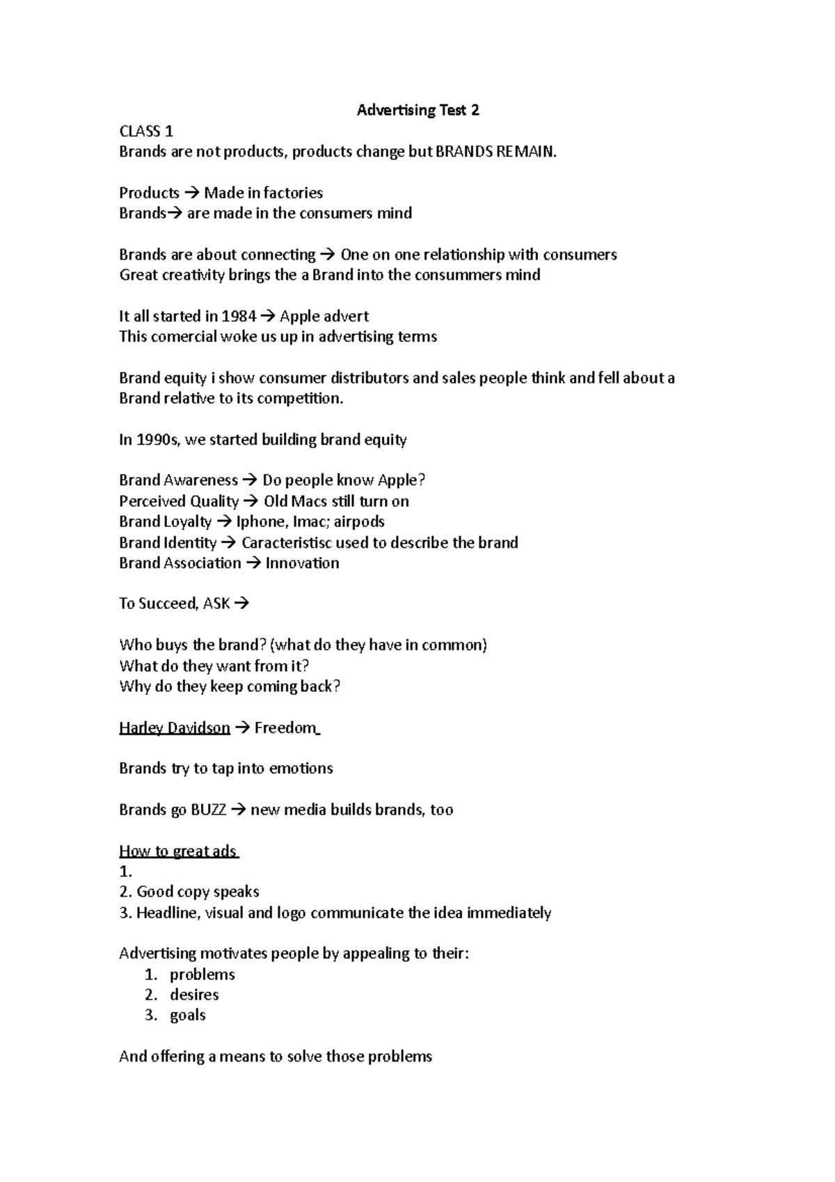 Advertising Test 2 - Lecture notes 7-13 - Advertising Test 2 CLASS 1 ...