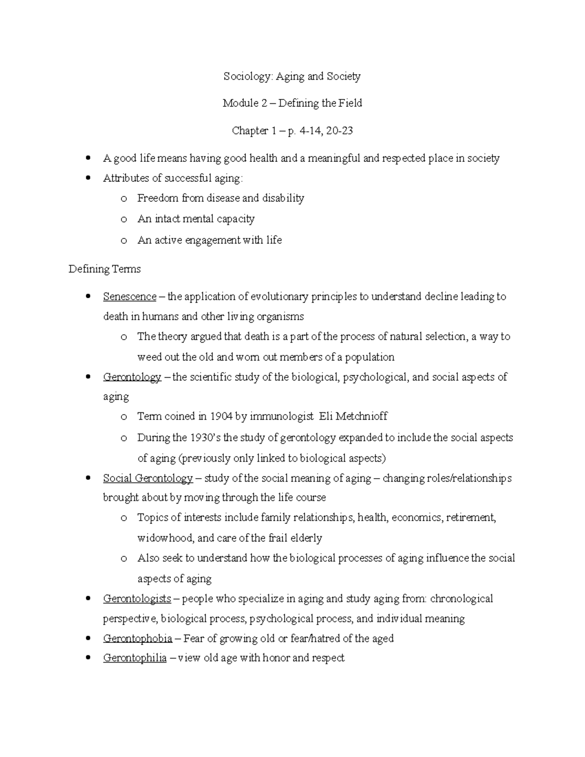 Module 2 Notes - Chapter 1, defining the field - Sociology: Aging and ...