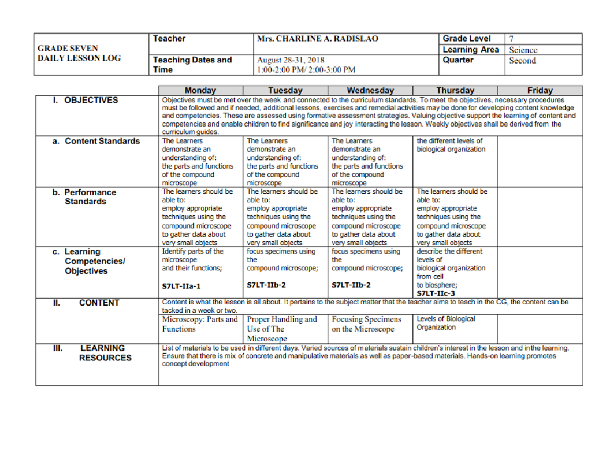 9th Grade Science Lesson Standards