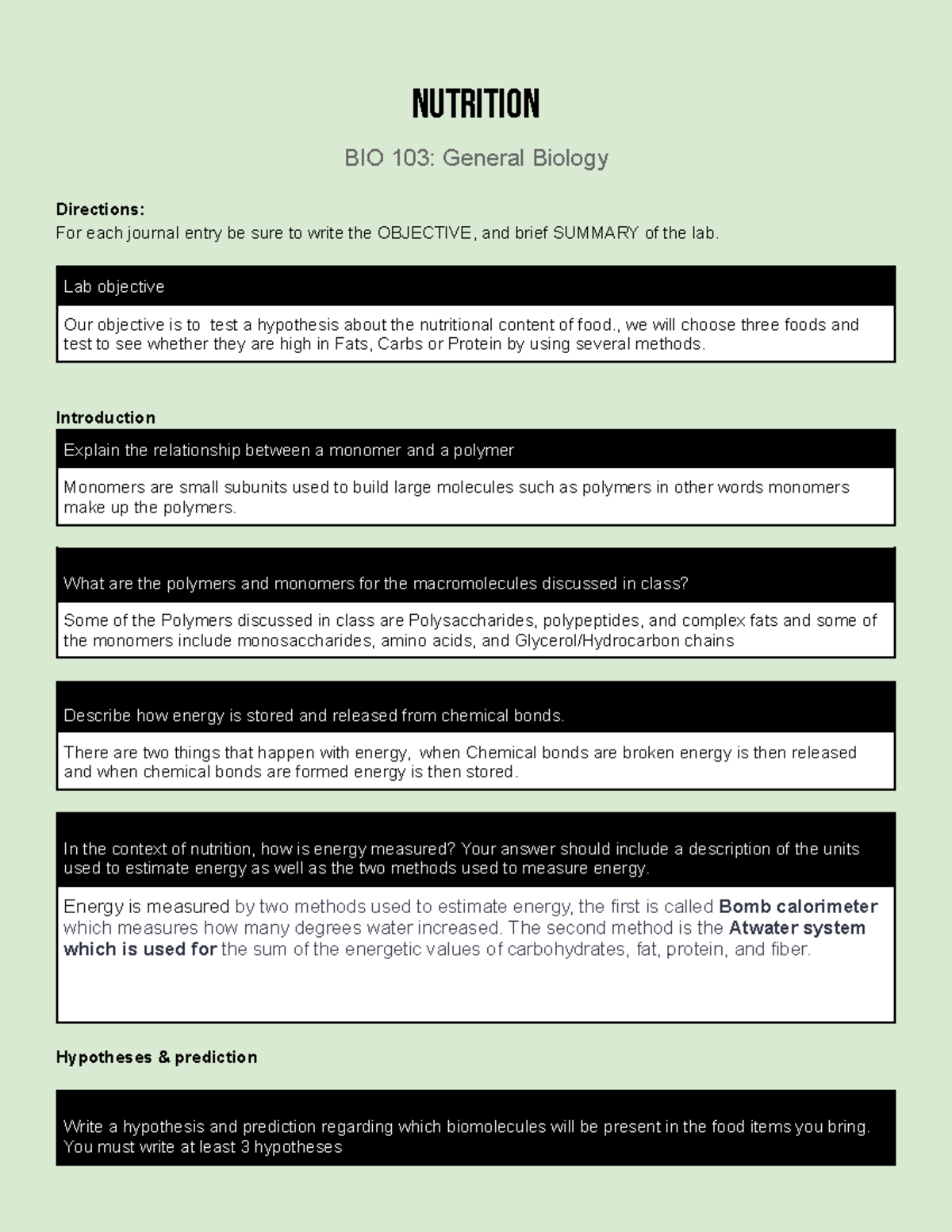 Digital Lab 08 Example - Nutrition BIO 103: General Biology Directions ...