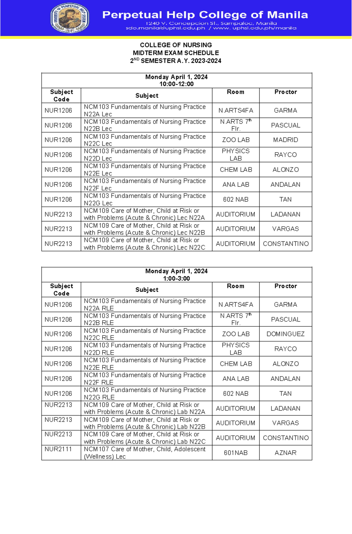 Midterm EXAM Sched 2ND SEM 2023 2024 - COLLEGE OF NURSING MIDTERM EXAM SCHEDULE 2 ND SEMESTER A ...