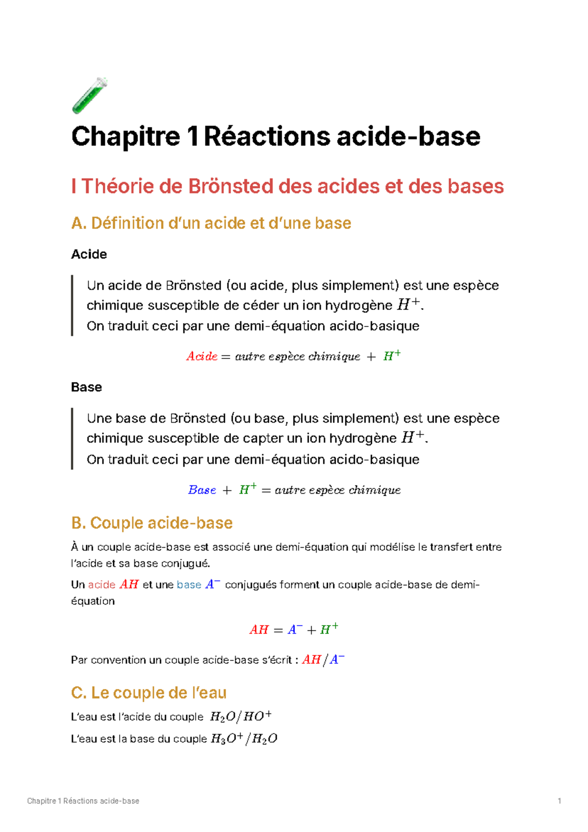 Chapitre : Réactions acide-base - Chapitre 1 Réactions acide-base 1 🧪 ...