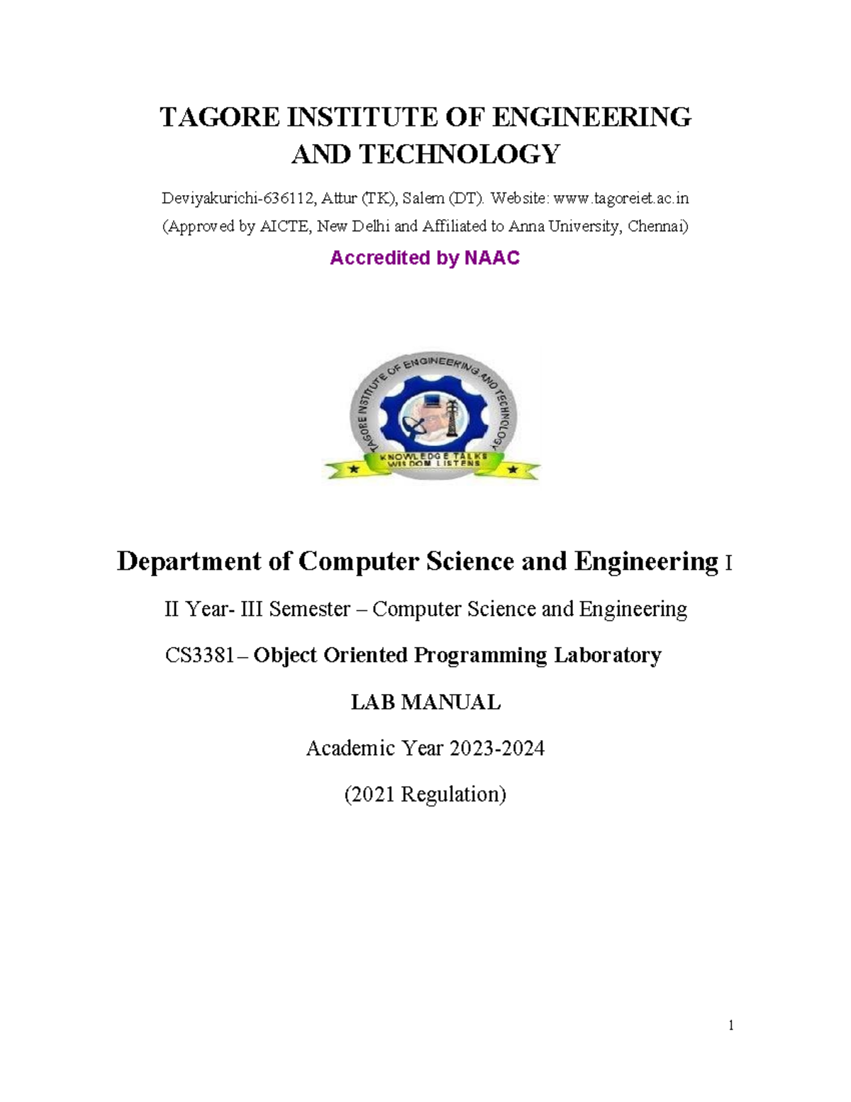 OOPS LAB Manual - TAGORE INSTITUTE OF ENGINEERING AND TECHNOLOGY Deviyakurichi-636112, Attur (TK ...