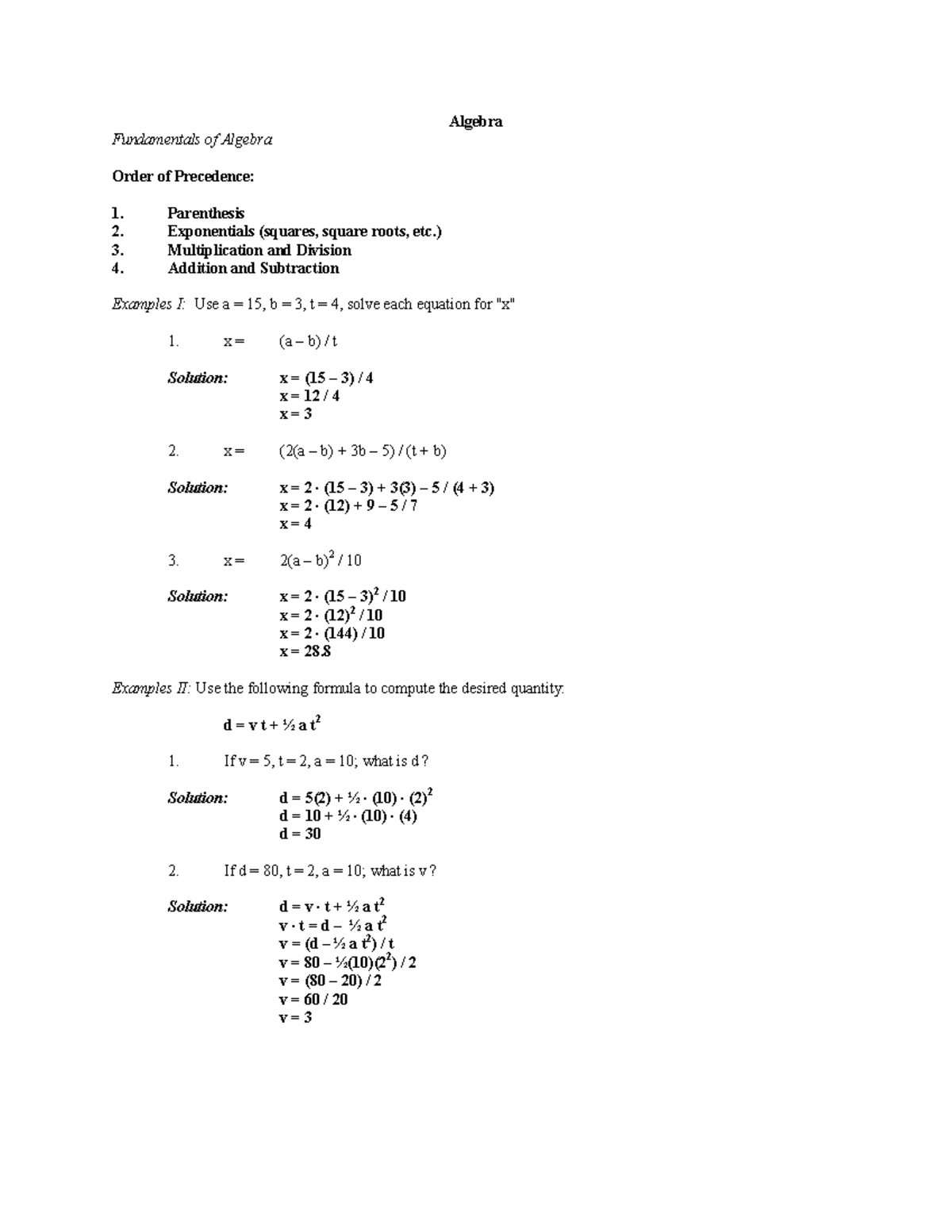 Algebra - Practice math - Algebra Fundamentals of Algebra Order of ...