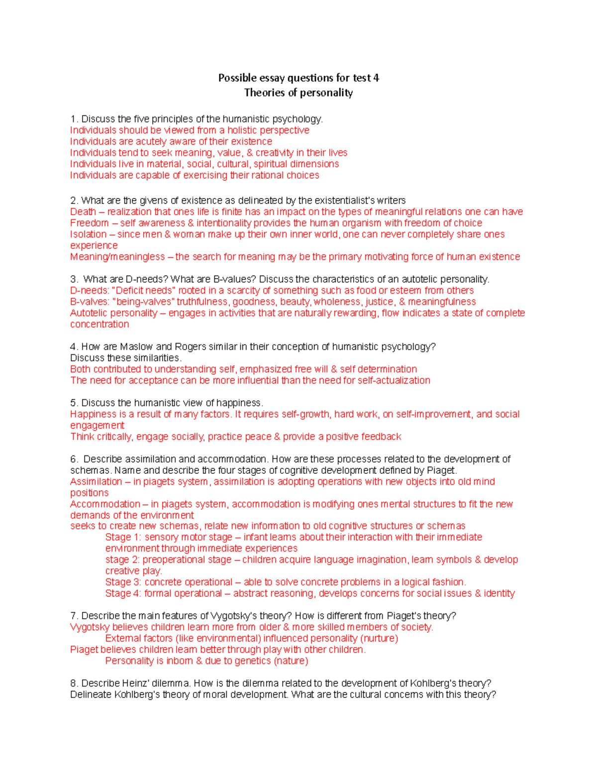 Possible essay questions for Personality test 4 - Possible essay ...