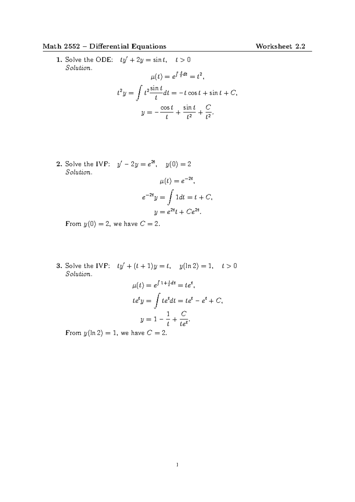 03 2 - Math 2552 – Differential Equations Worksheet 2. Solve the ODE ...