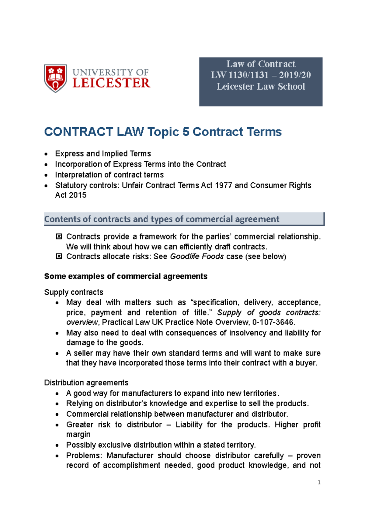 00Contract Law 2019-20 Contract Terms - Law of Contract LW 1130/1131 ...