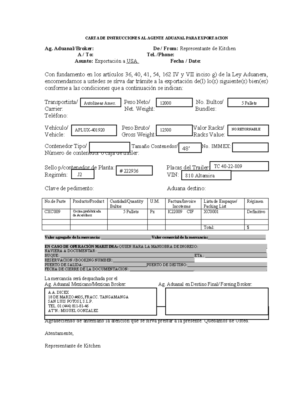 Carta Instrucciones - dsd - CARTA DE INSTRUCCIONES AL AGENTE ADUANAL ...