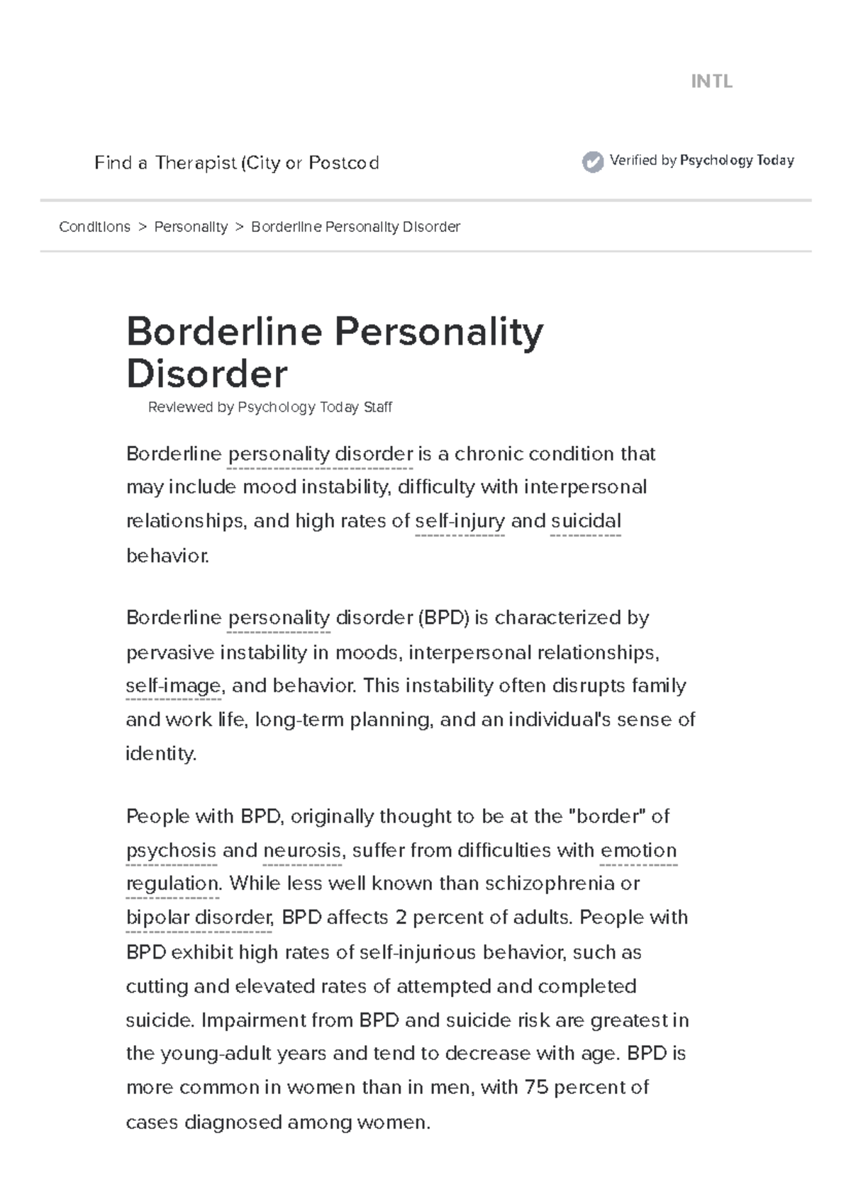 Borderline Personality Disorder Psychology Today - Verified by ...