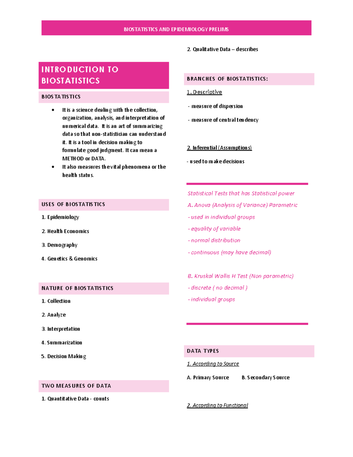 Biostatistics Prelims - INTRODUCTION TO BIOSTATISTICS BIOSTATISTICS It is a science dealing with ...