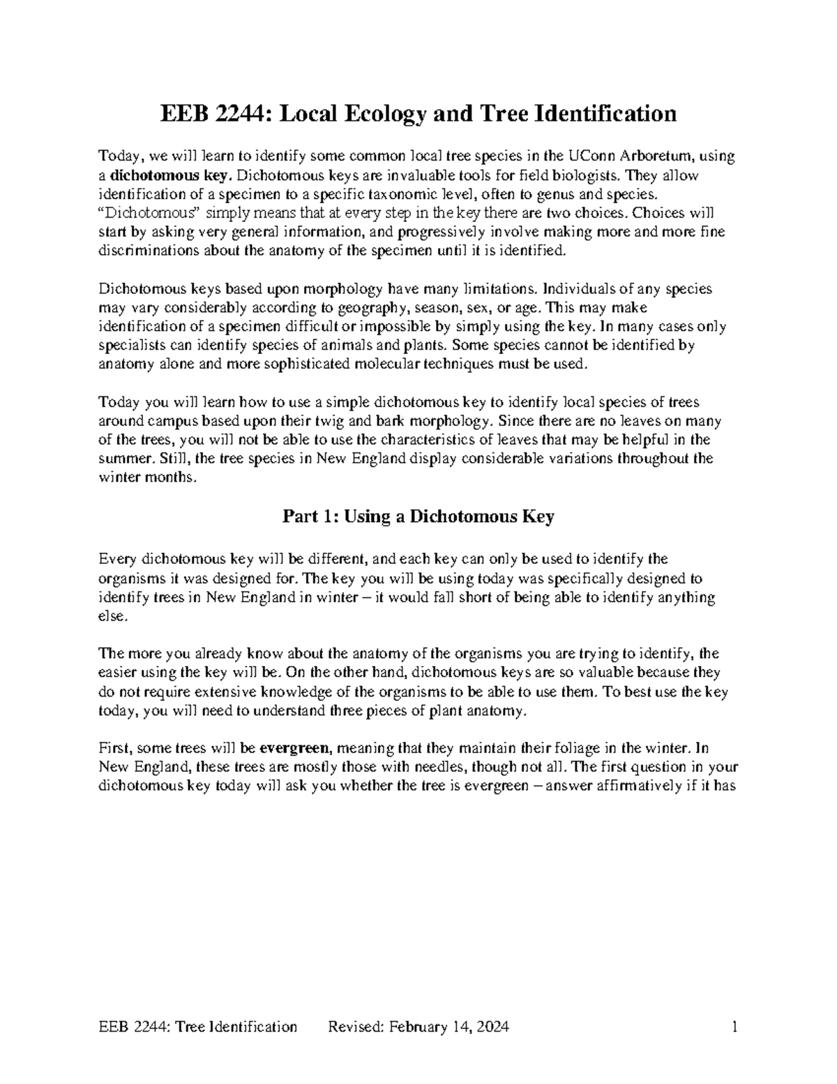 Tree - Tree handout for speciation. - EEB 2244: Tree Identification ...