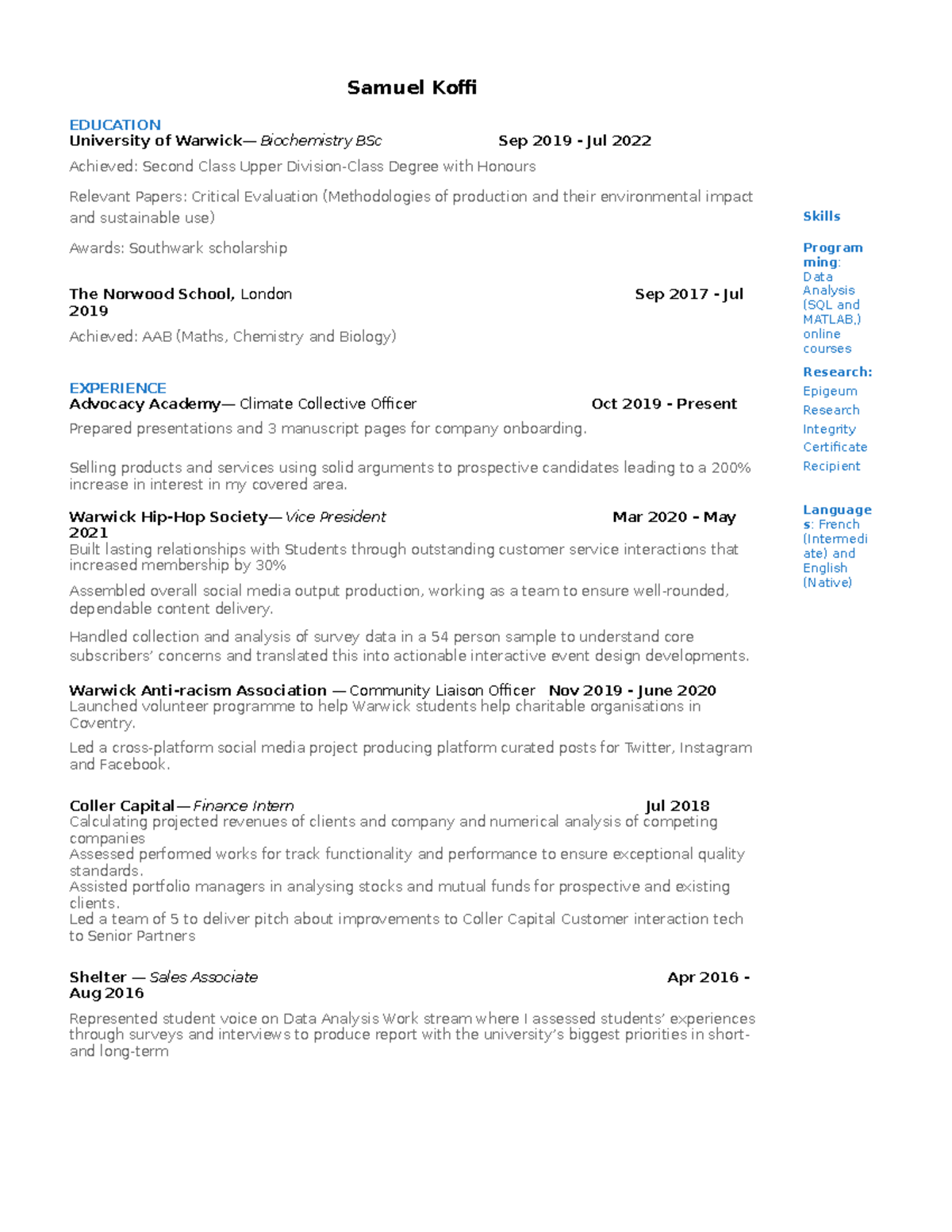 Samuel Koffi CV - This is a CV made by me that can be made for ...