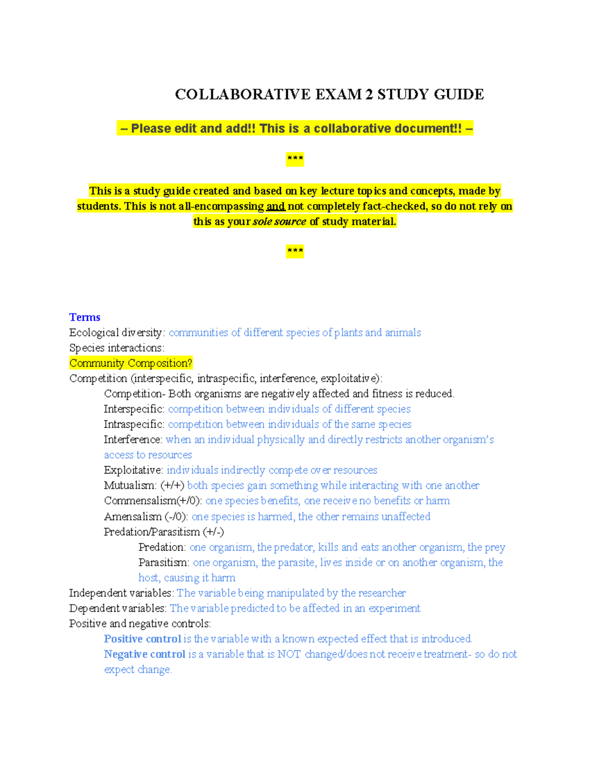 Exam 2 – Terms and Concepts - COLLABORATIVE EXAM 2 STUDY GUIDE Please ...