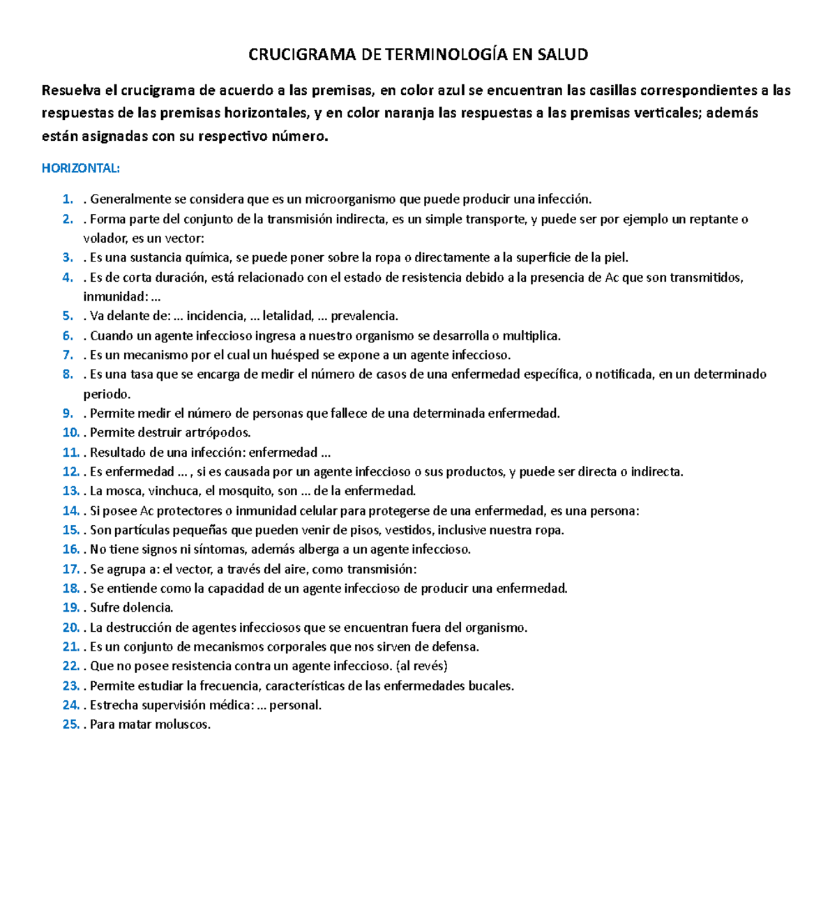 Crucigrama de Terminología en Salud - CRUCIGRAMA DE EN SALUD Resuelva ...