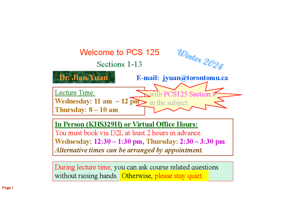 intro notes 2024 - Welcome to PCS 125 Sections 1- Lecture Time ...