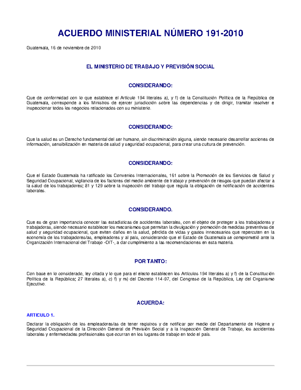 Acuerdo Ministerial 191 2010 - ACUERDO MINISTERIAL NÚMERO 191 ...
