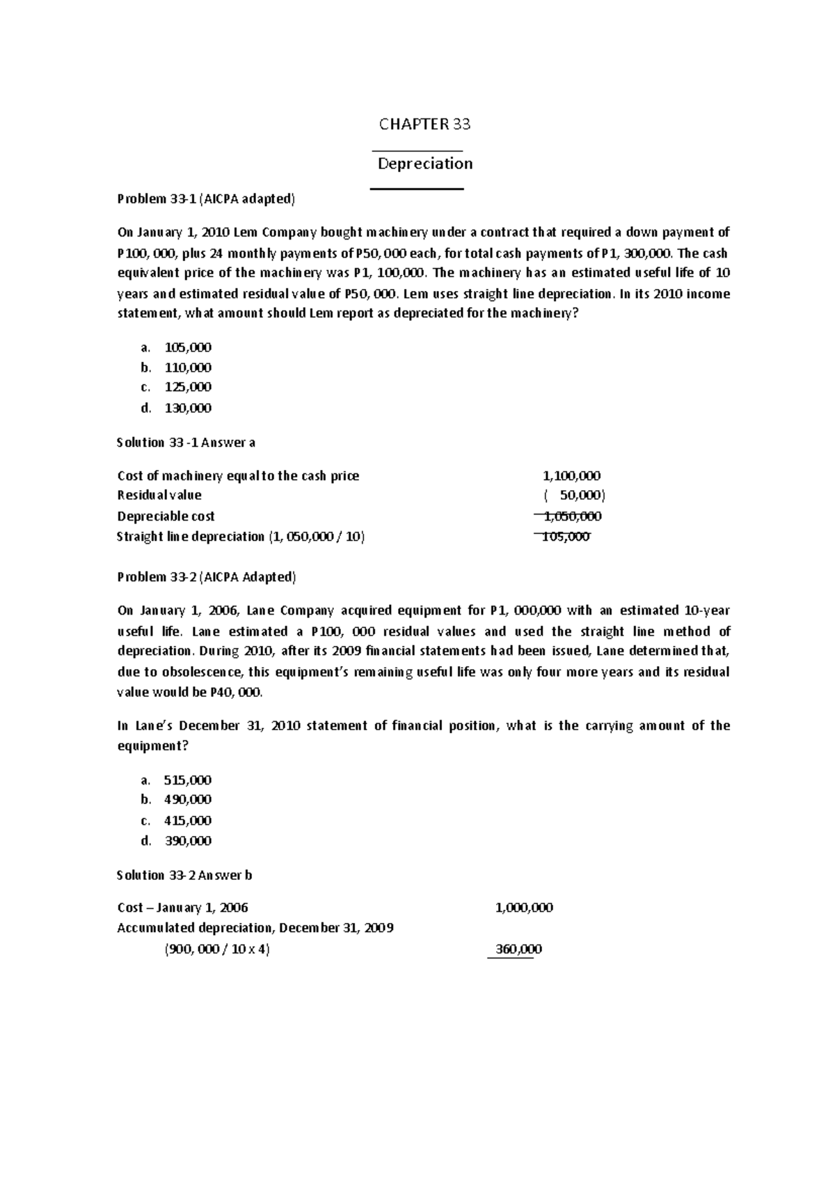 Reviewer-depreciation compress - CHAPTER 33 Depreciation Problem 33-1 ...