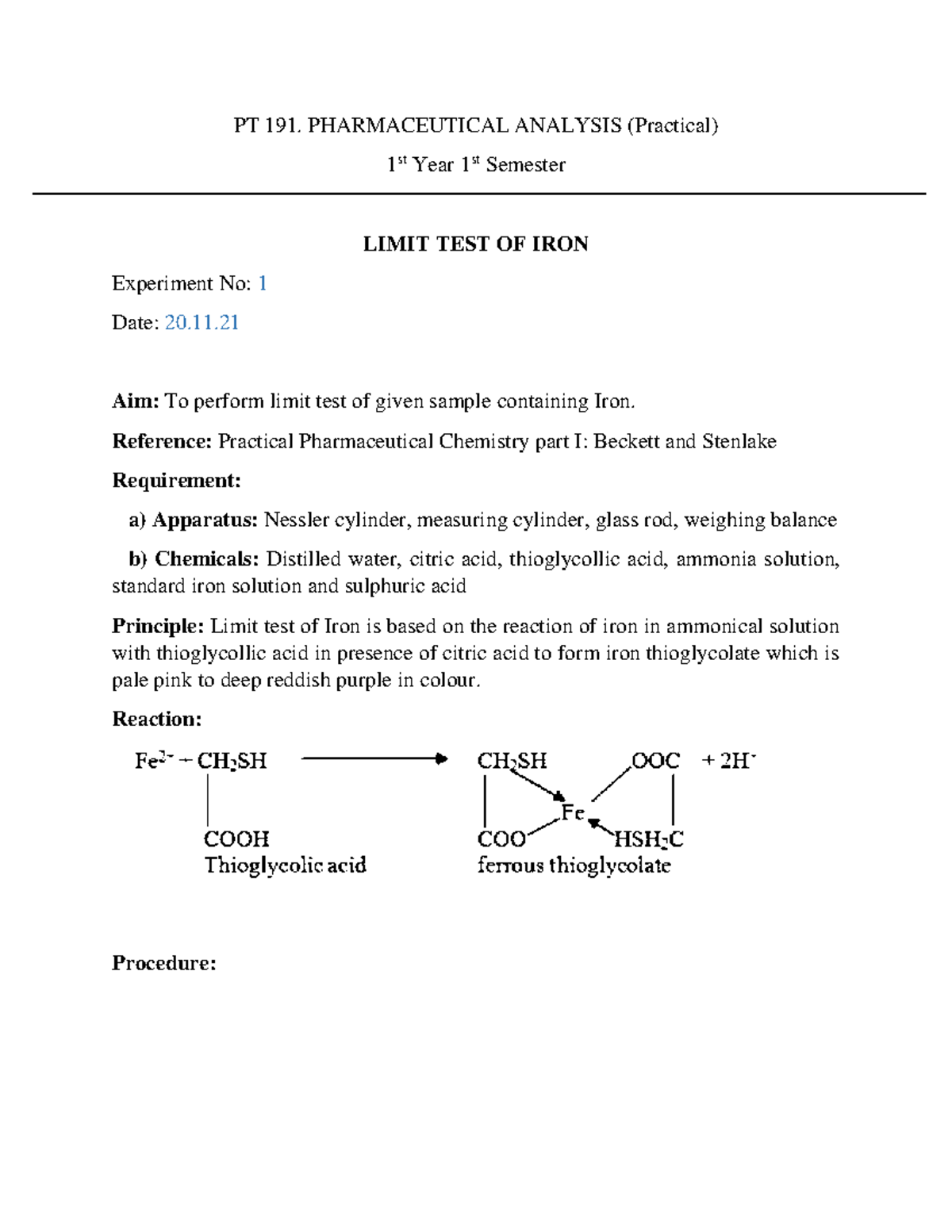 Iron lime practical - PT 191. PHARMACEUTICAL ANALYSIS (Practical) 1 st ...