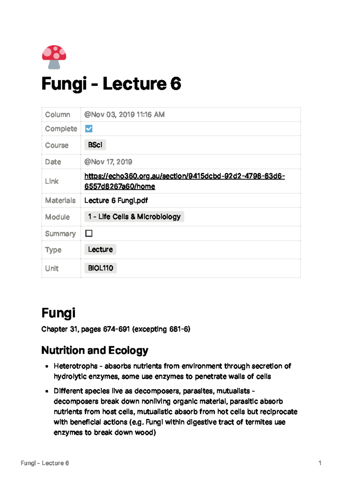 Fungi - Lecture 6 - Fungi - Lecture 6 Column Complete Course BSci Date ...