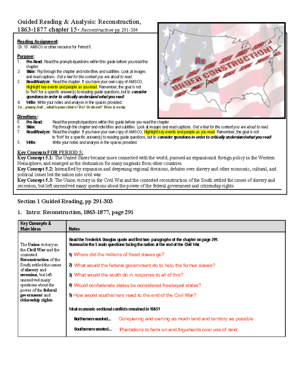Pdfcoffee - yay - Guided Reading & Analysis: Reconstruction, 1863 ...