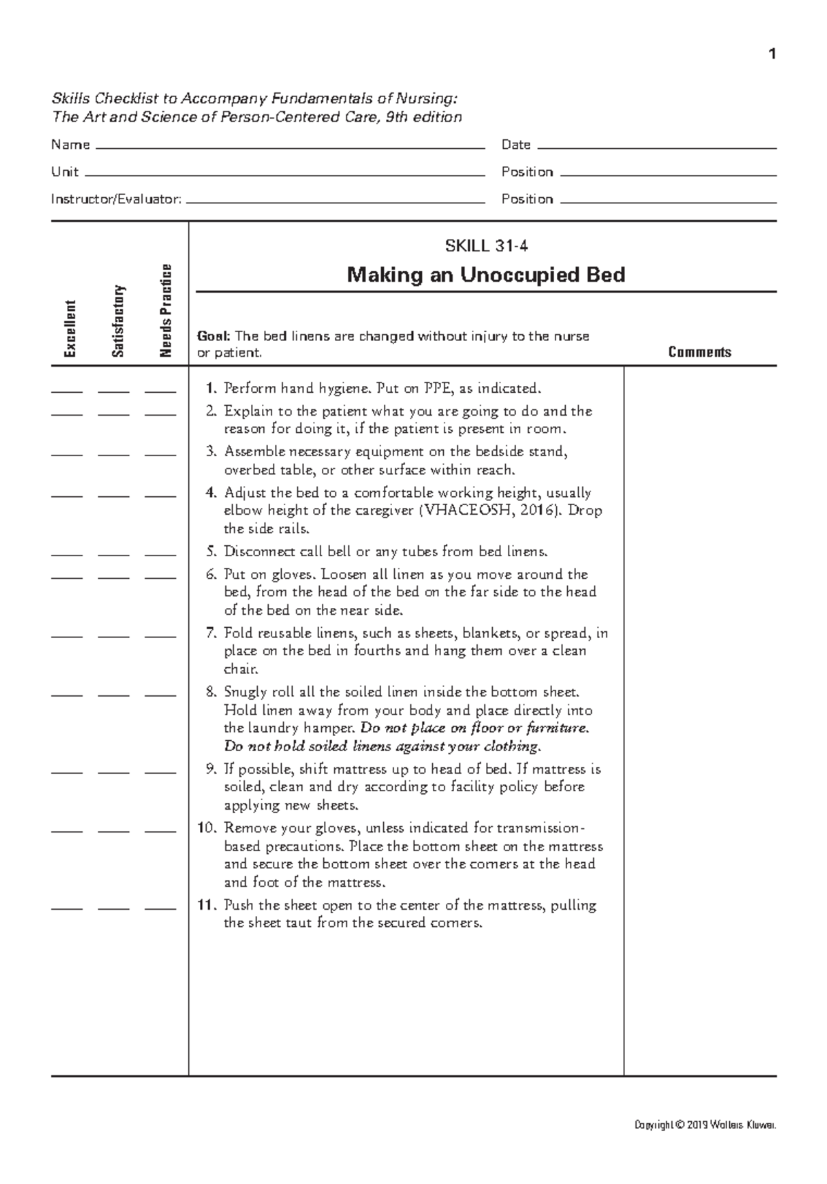 Bedmaking- unoccupied - 1 Skills Checklist to Accompany Fundamentals of ...