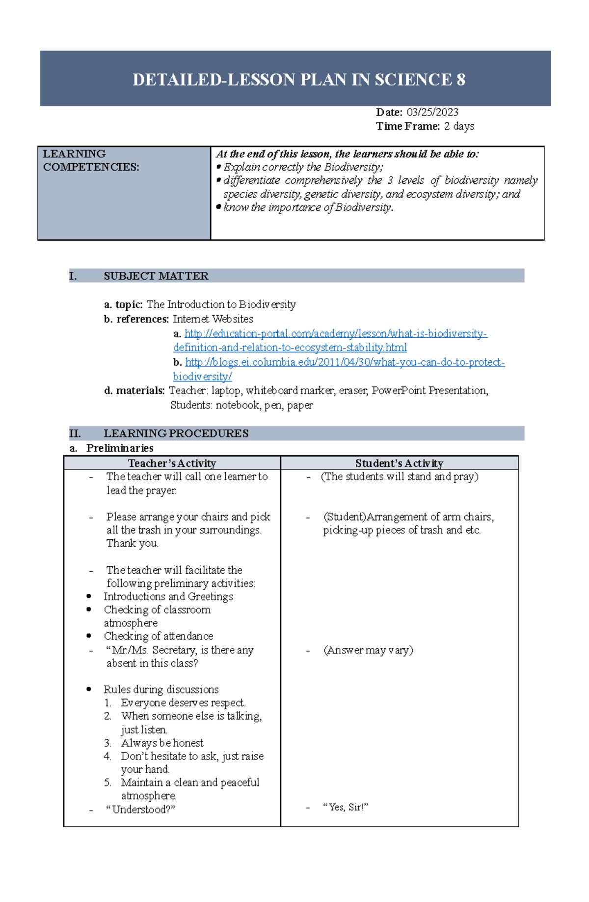 Detailed Session Plan Biodiversity - DETAILED-LESSON PLAN IN SCIENCE 8 ...