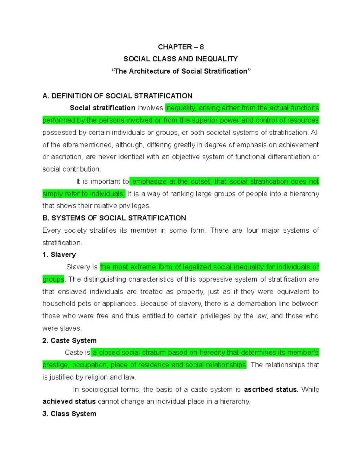 Social Class AND Inequality - CHAPTER 8 SOCIAL CLASS AND INEQUALITY ...