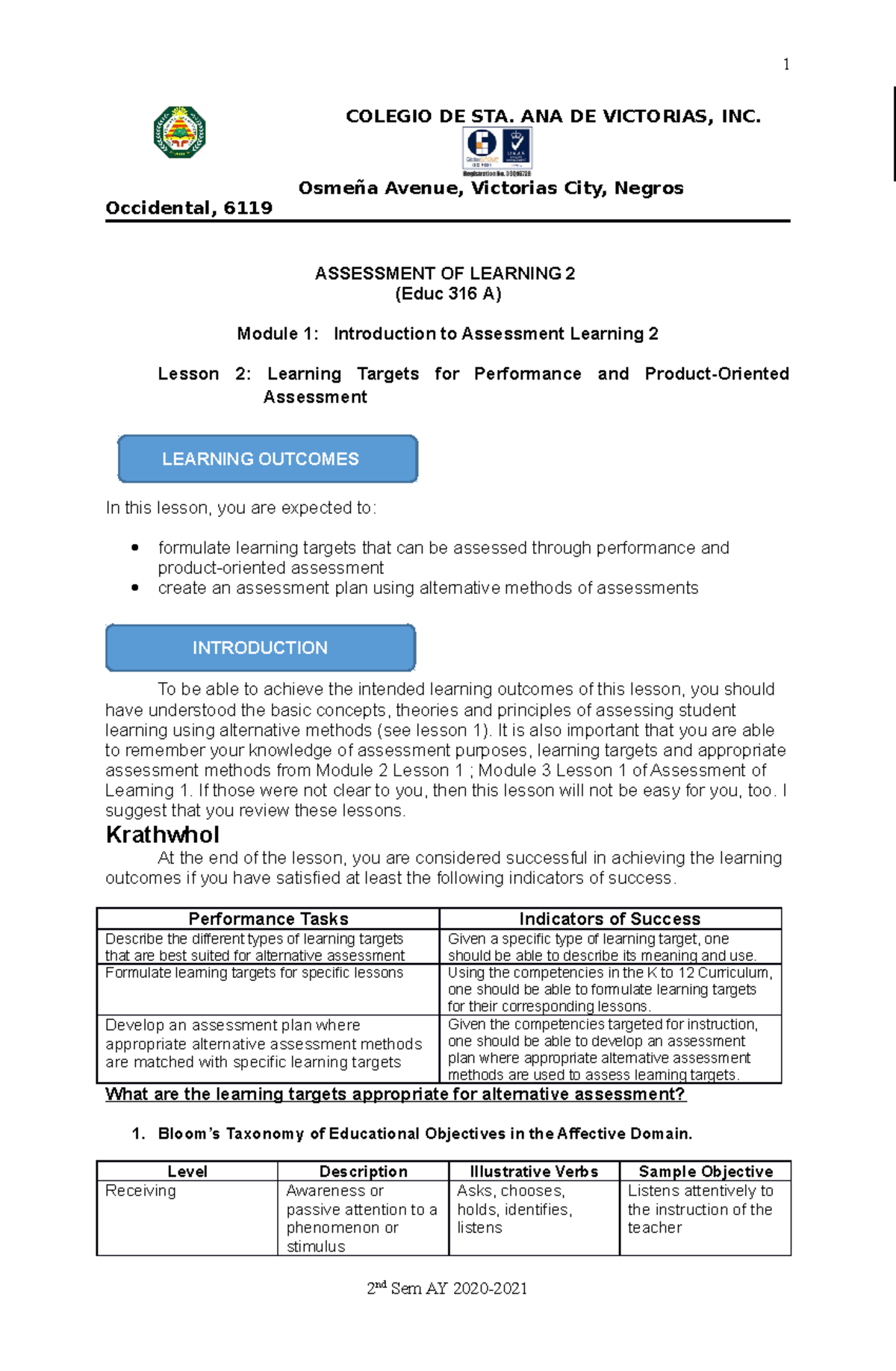 Lesson 2 Learning Targets Performance and Product Oriented - COLEGIO DE ...