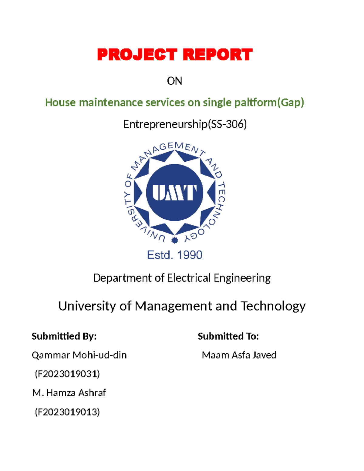 Entrepreneurship report - PROJECT REPORT ON House maintenance services ...