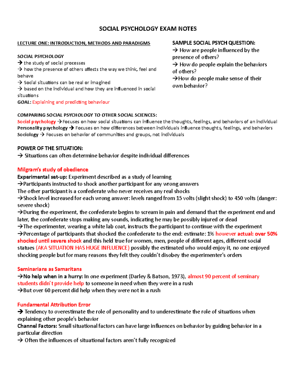 Social Psychology EXAM Notes - SOCIAL PSYCHOLOGY EXAM NOTES LECTURE ONE ...