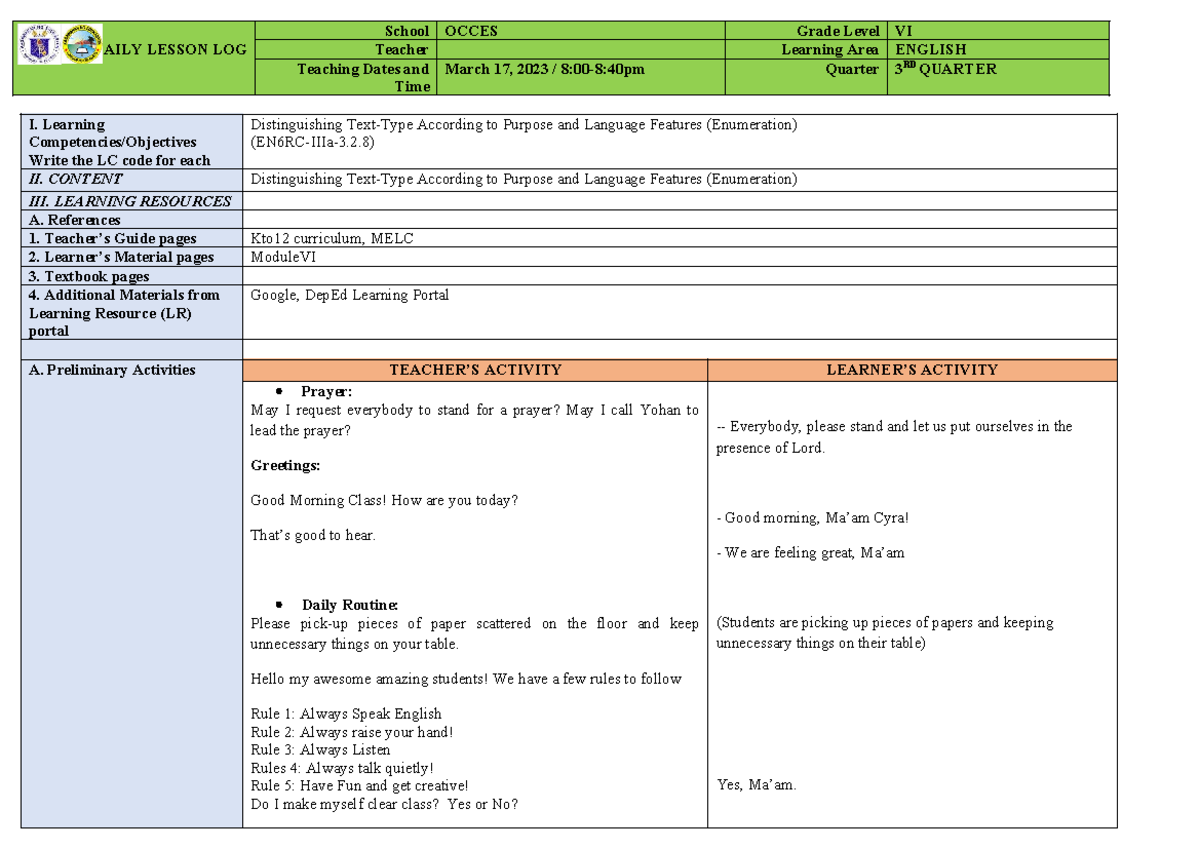 English-Lesson-Plan-5 - DAILY LESSON LOG School OCCES Grade Level VI ...