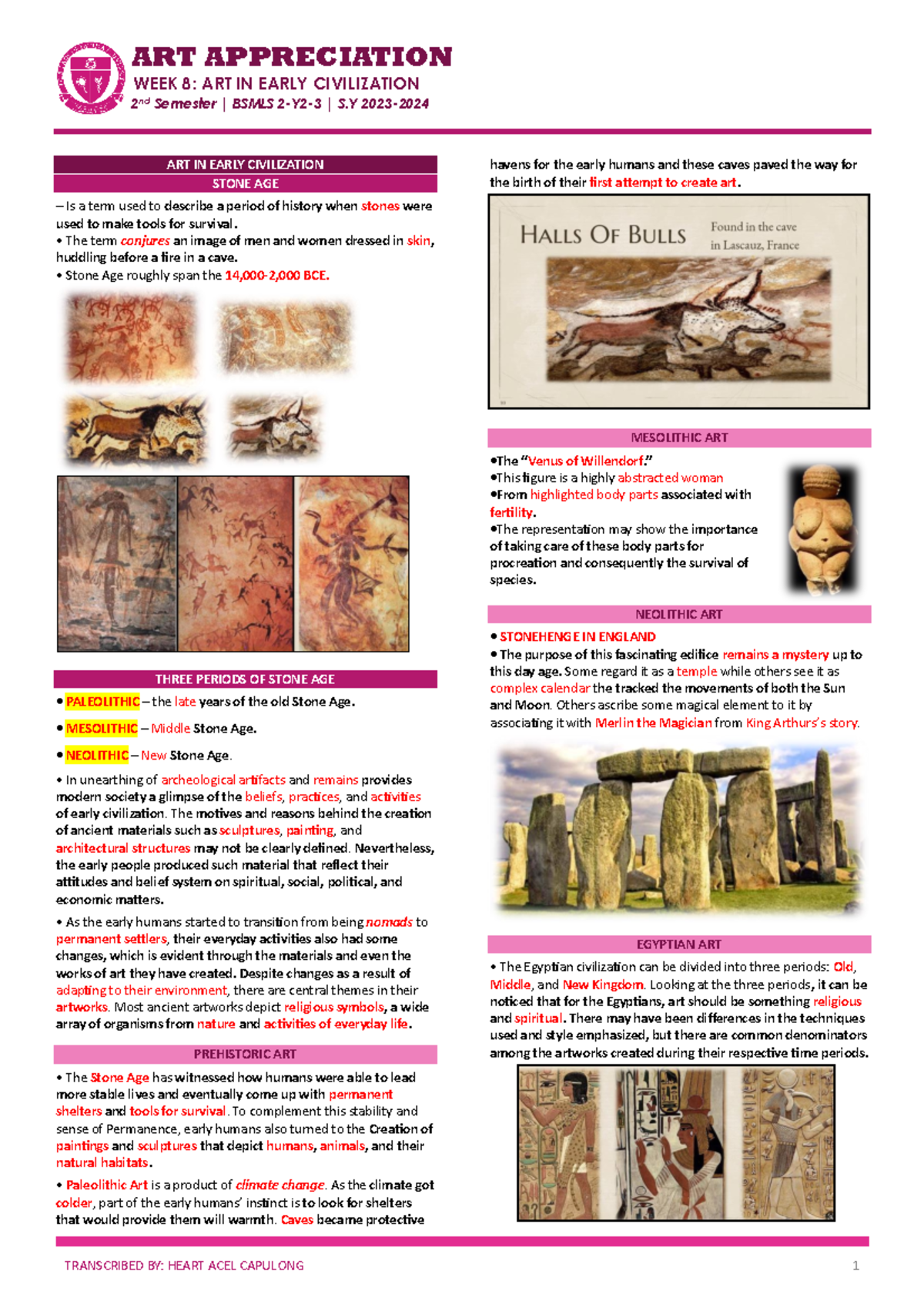 Notes IN ARTA (WEEK 8- ART IN Early Civilization) - ART APPRECIATION ...