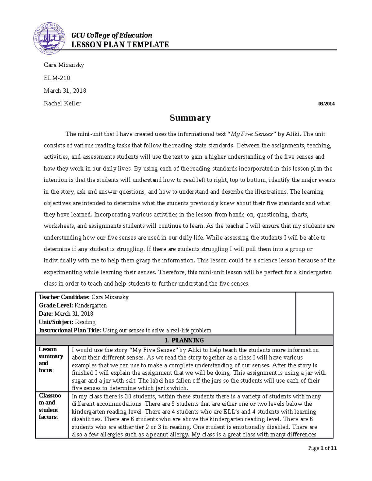 Benchmark Assignment Lesson Plan 3 - GCU College of Education LESSON ...