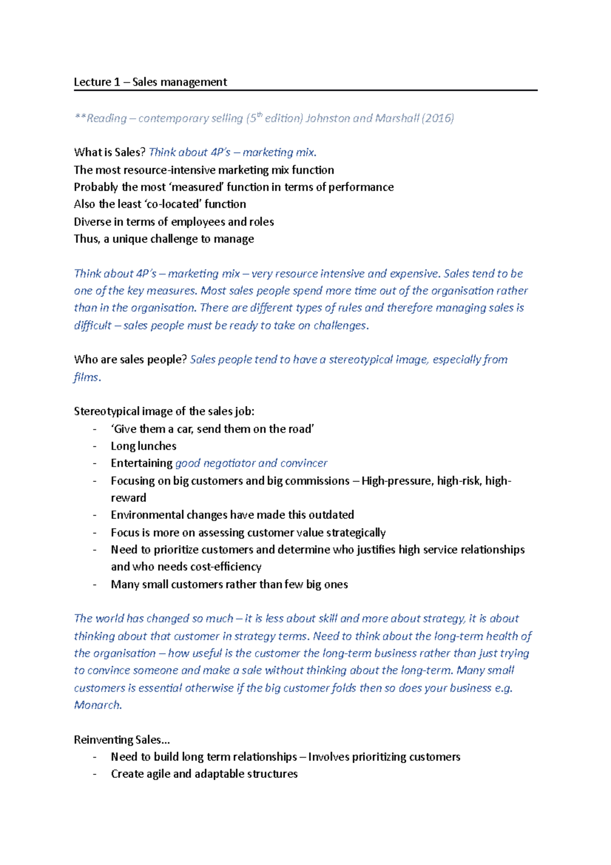 Sales management - Lecture notes 1-11 - Lecture 1 – Sales management ...