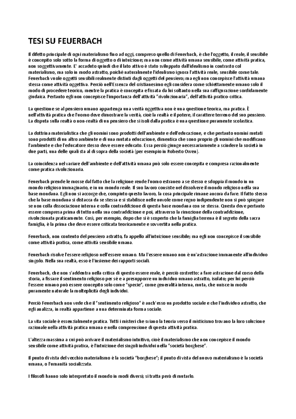 TESI SU Feuerbach - TESI SU FEUERBACH Il difetto principale di ogni ...